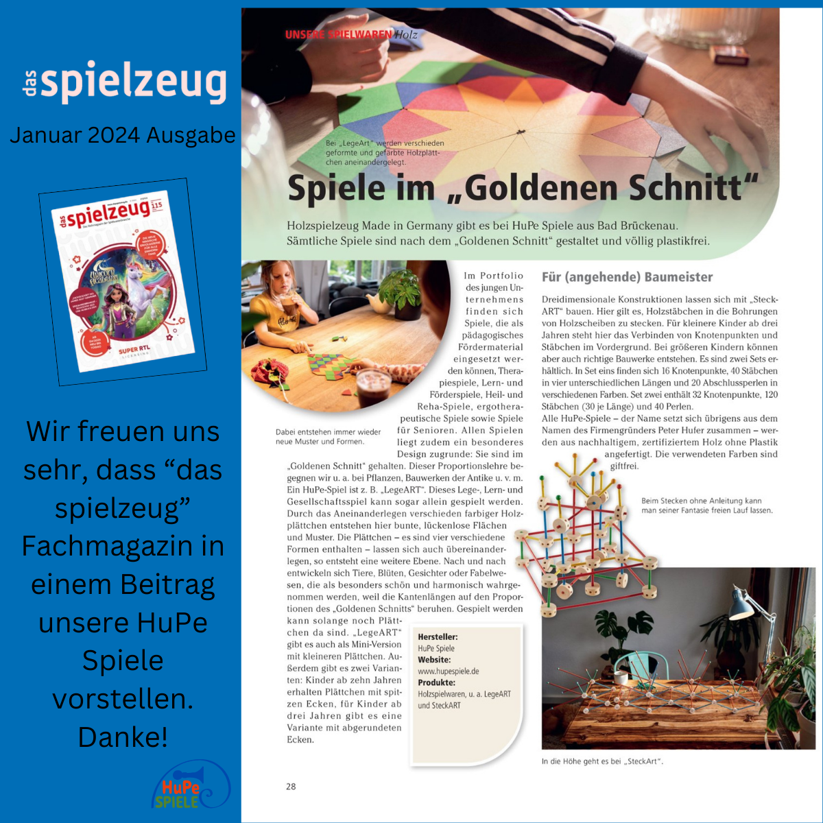 HuPe Spiele im "das spielzeug" Fachmagazin / 1. Ausgabe 2024 - Hupespiele